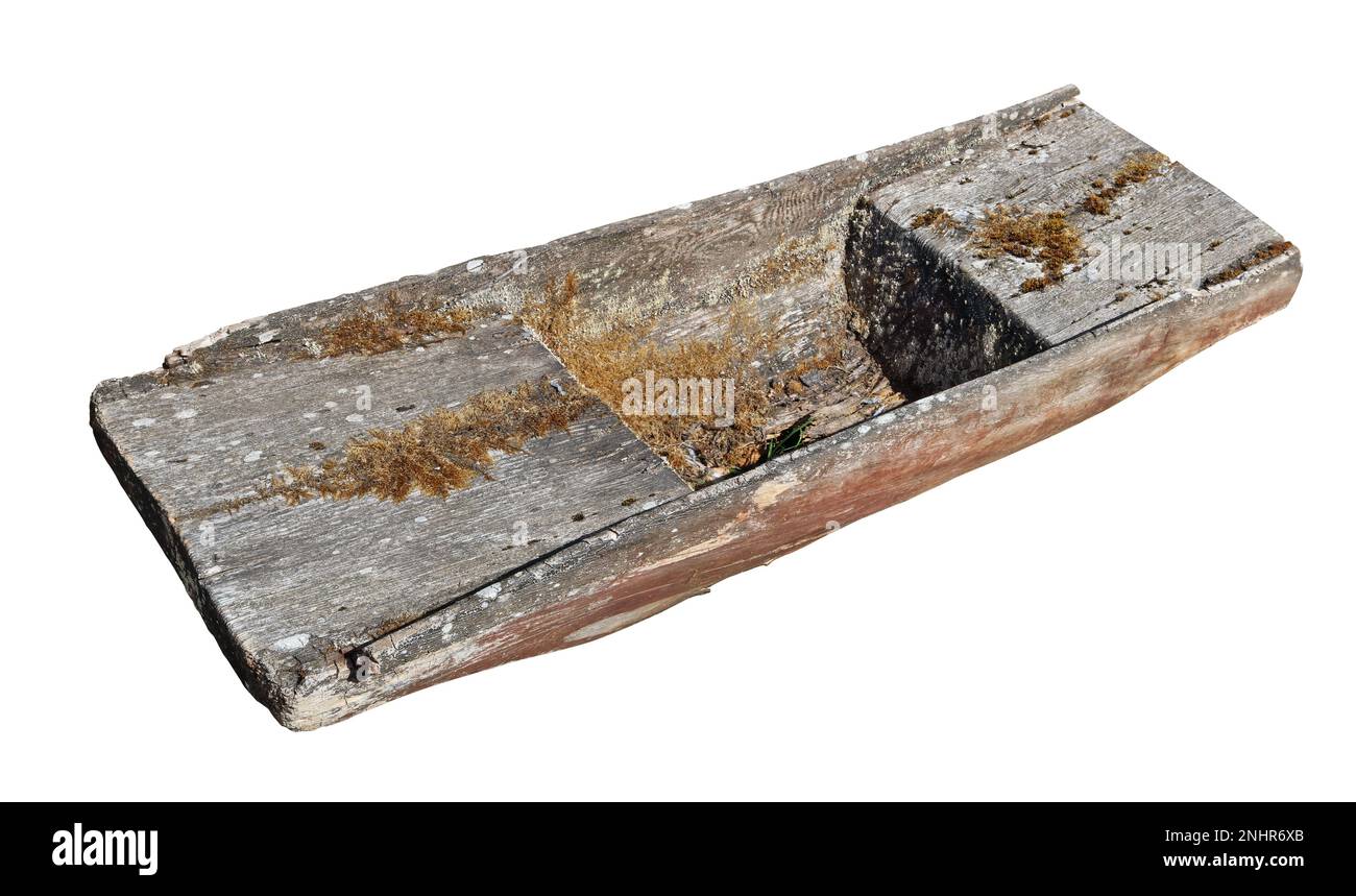 Homemade rotten wooden trough isolated on white Stock Photo - Alamy