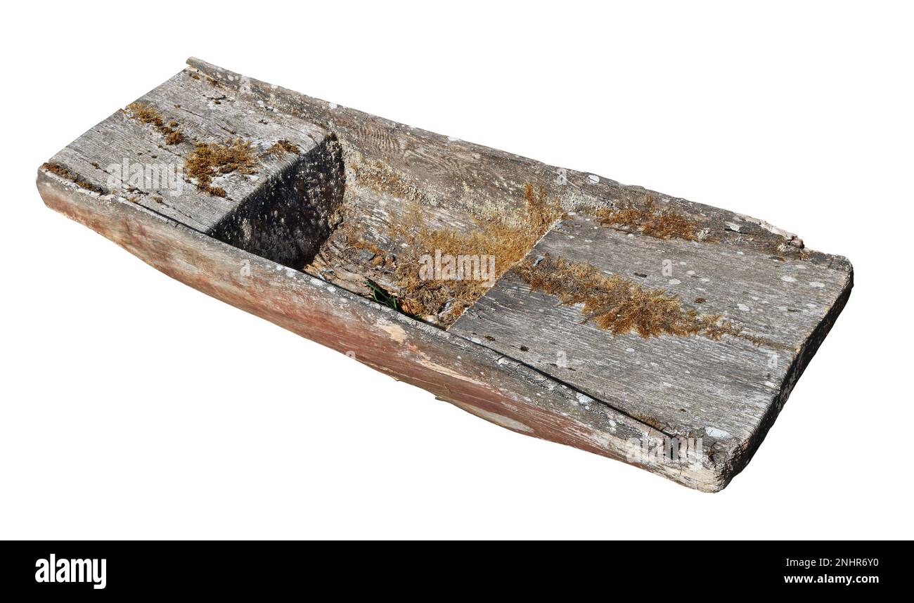 Homemade rotten wooden trough isolated on white Stock Photo - Alamy