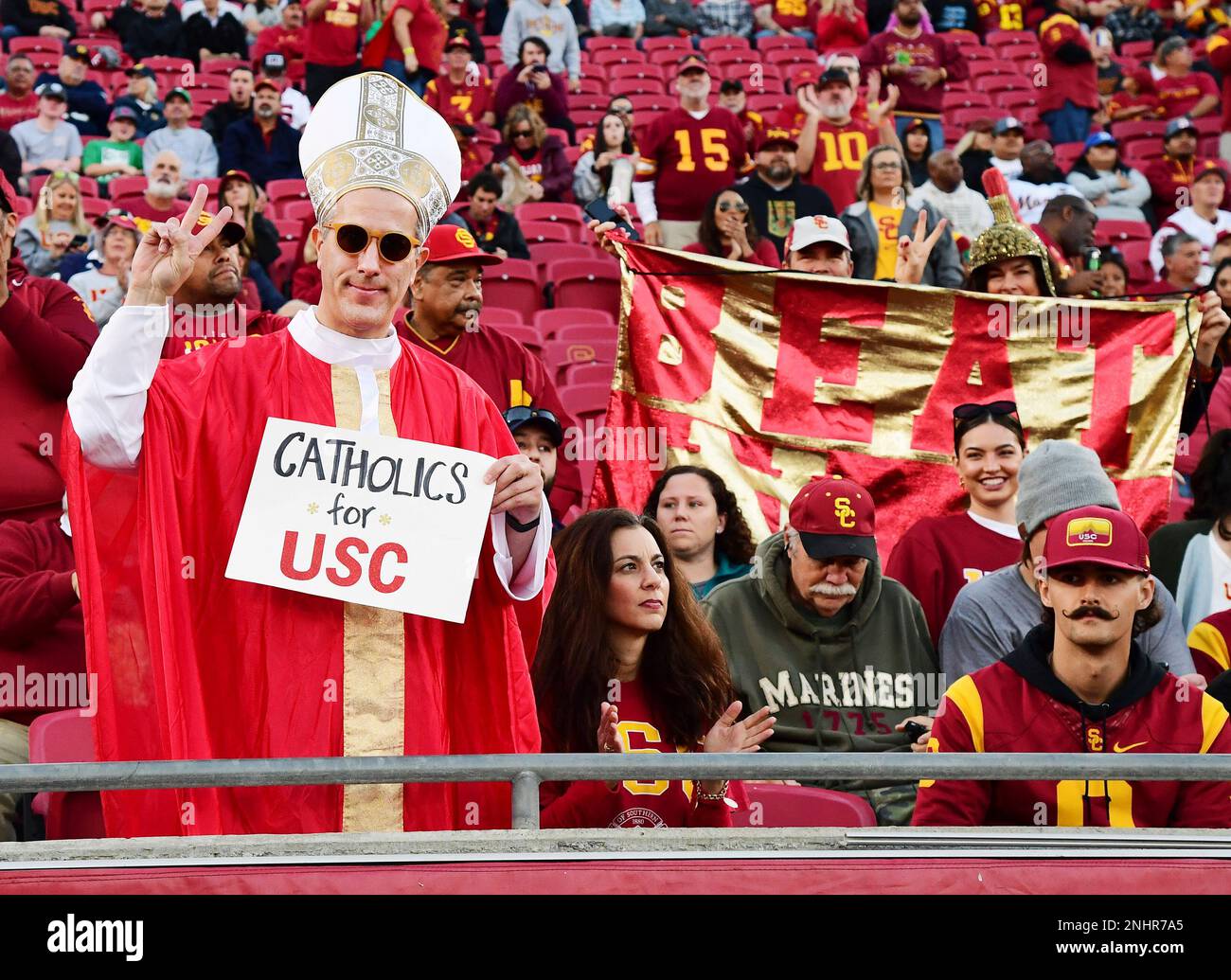 LOS ANGELES, CA - NOVEMBER 26: USC Trojans fan dressed up in the stands ...