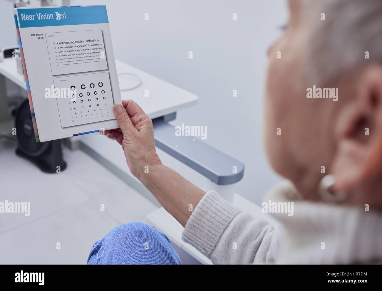 Senior woman, eye exam and vision for snellen test for nearsighted ...