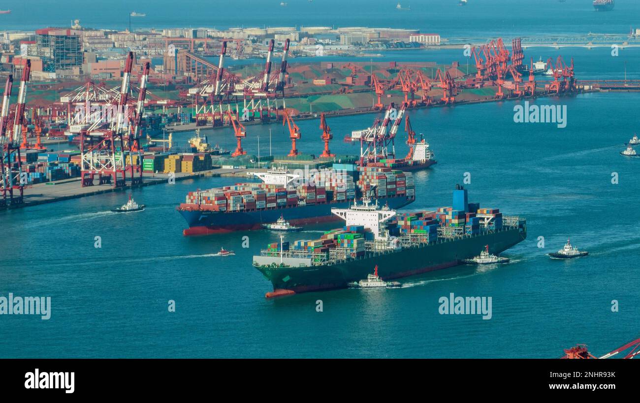 Aerial photo shows the busy scene of Qianwan container terminal at ...