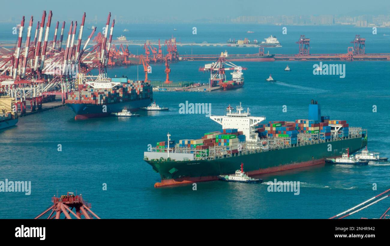 Aerial photo shows the busy scene of Qianwan container terminal at ...