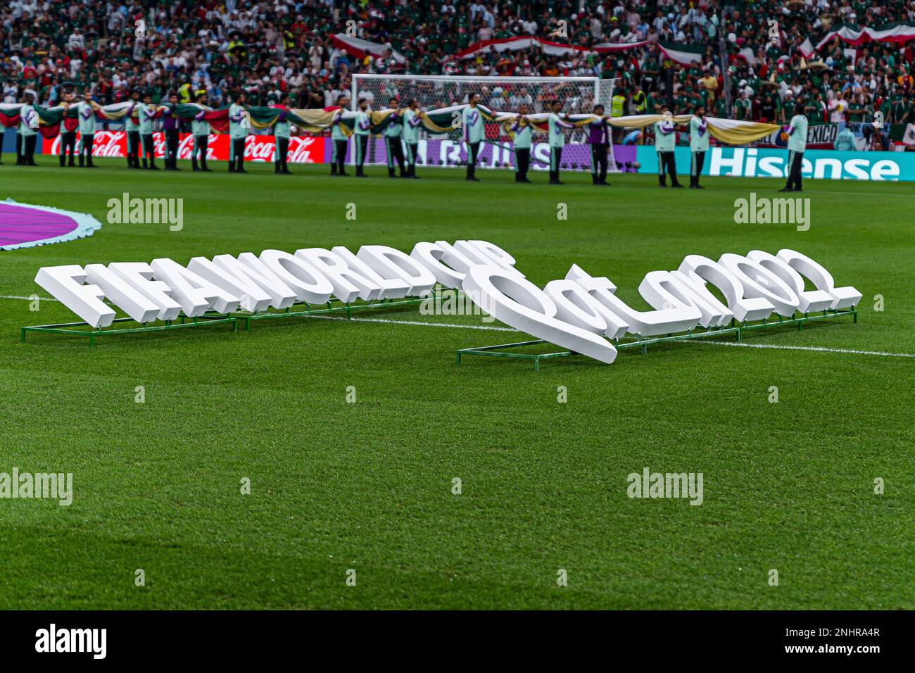 LUSAIL, QATAR - NOVEMBER 26: Fifa World Cu Qatar letters on field ...