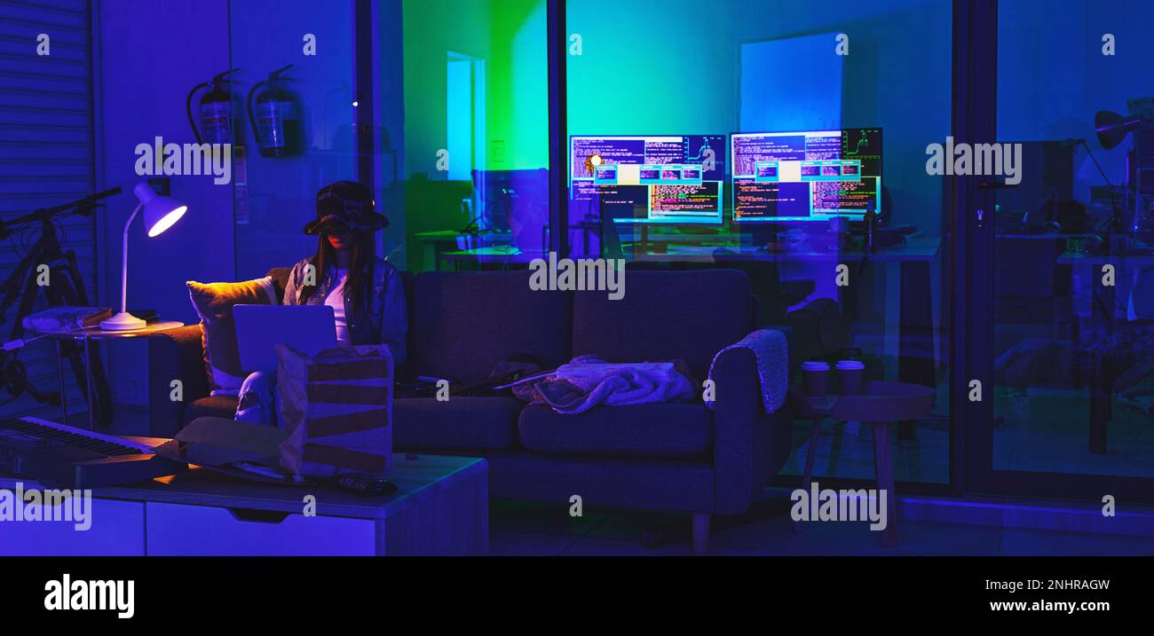 Hacker, cyber security and code with woman, dark with computer screen ...