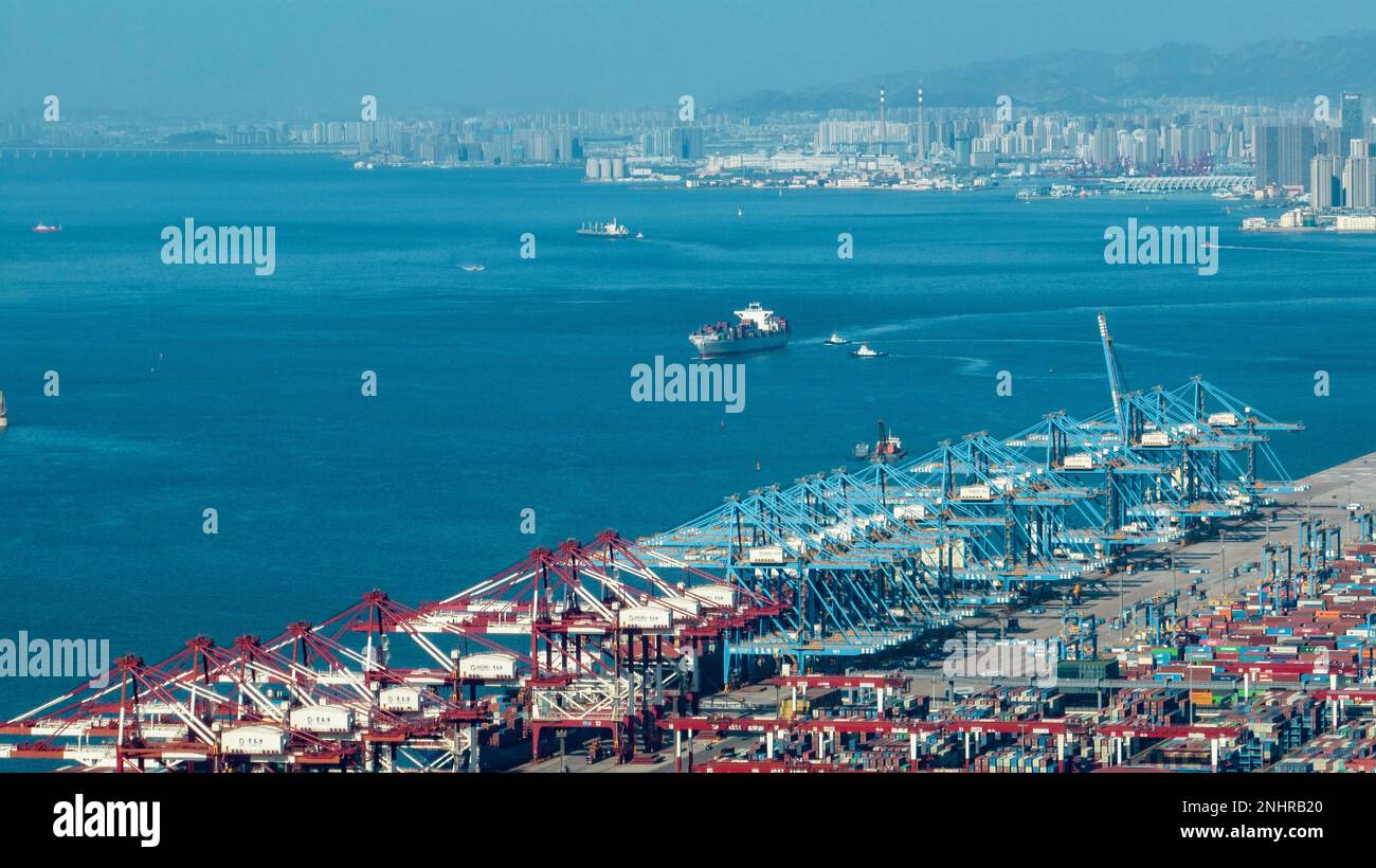 Aerial photo shows the busy scene of Qianwan container terminal at ...