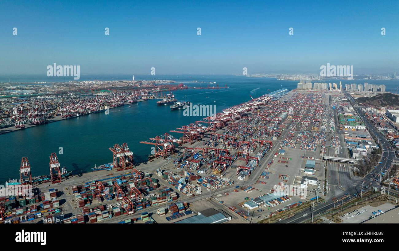 Aerial photo shows the busy scene of Qianwan container terminal at ...