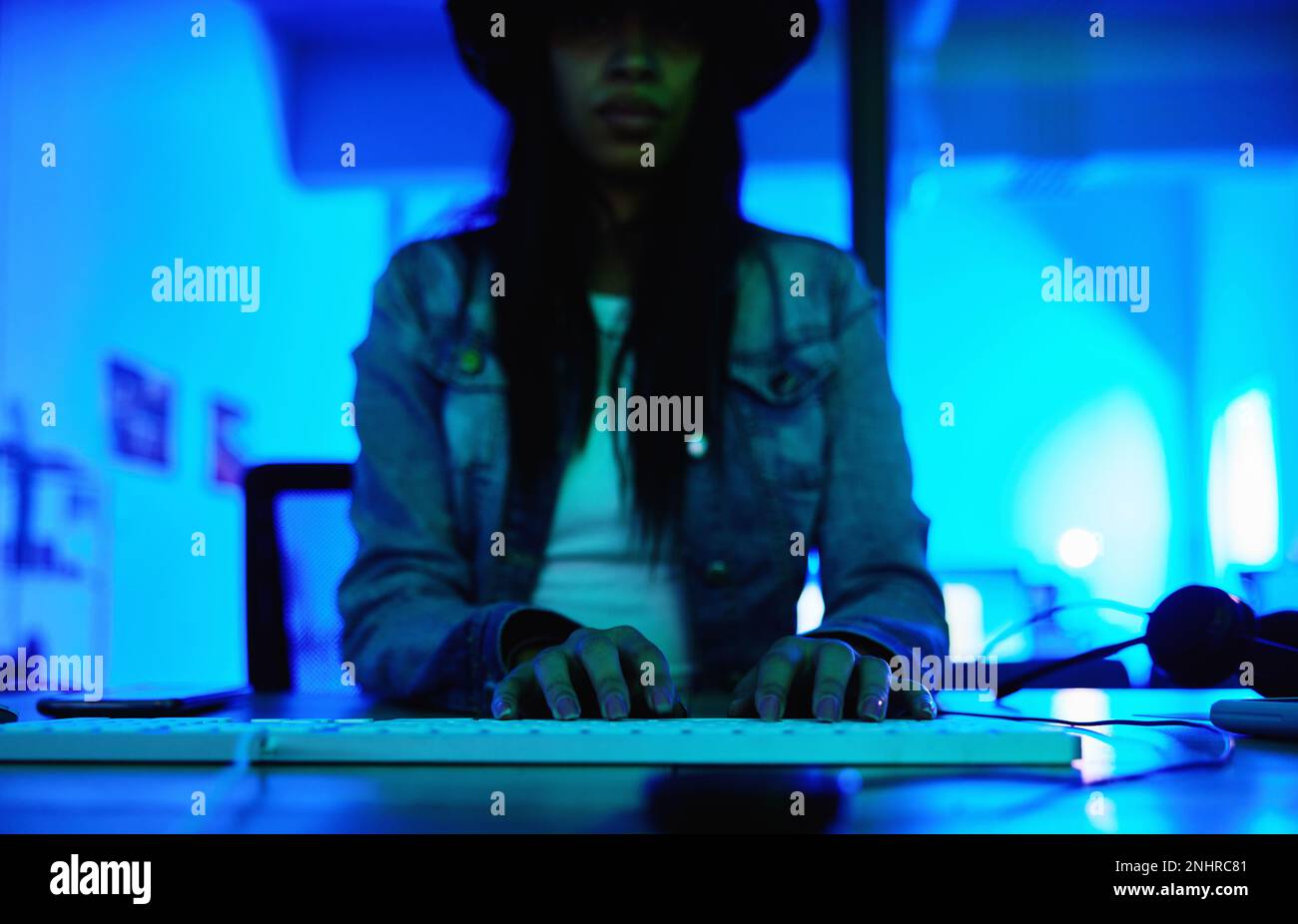 Hacker Keyboard Or Typing Hands In Neon Coding Cybersecurity Ransomware Seo Or Night Phishing