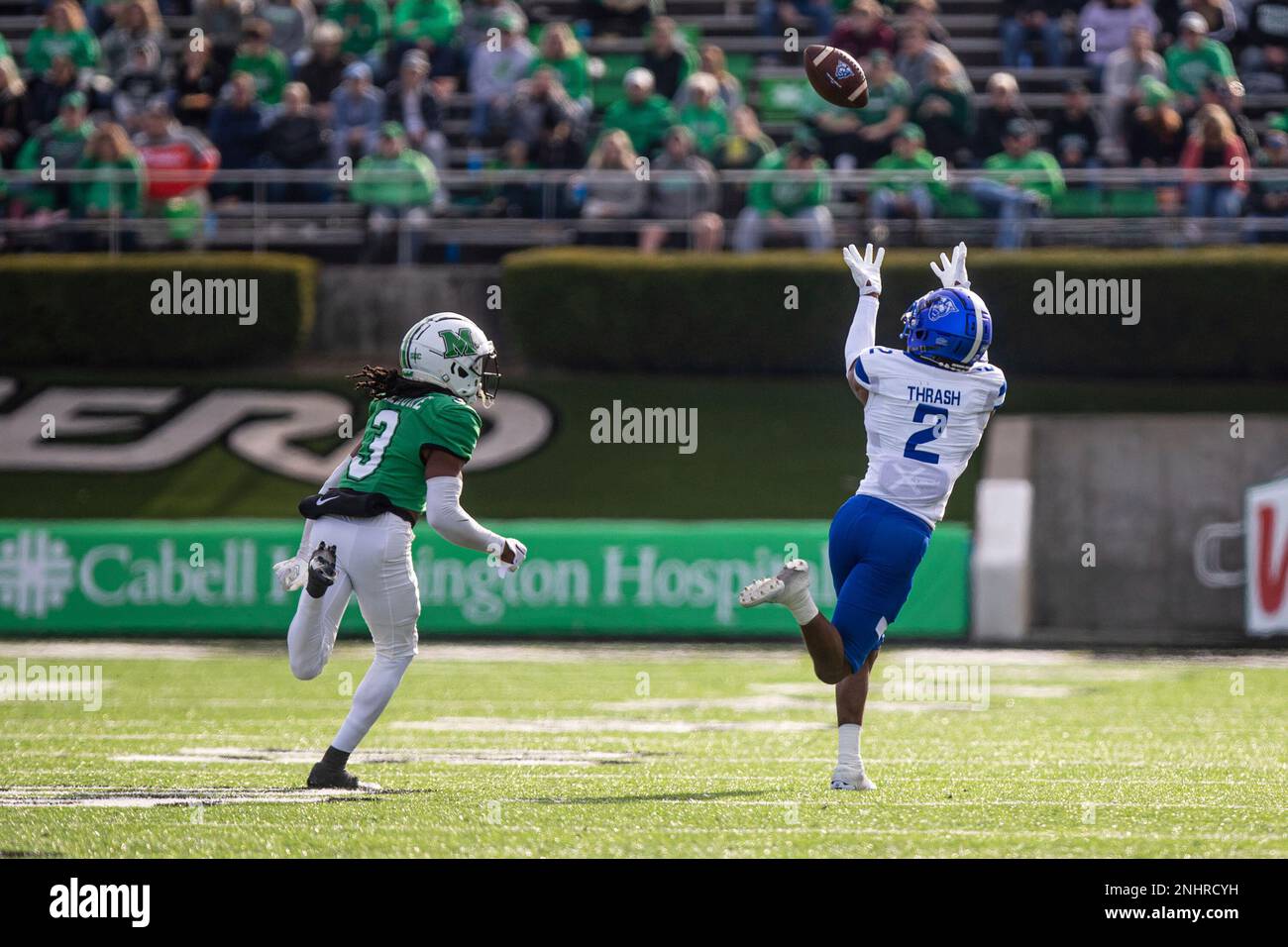 Georgia State's Jamari Thrash (2) catches a pass ahead Marshall's ...
