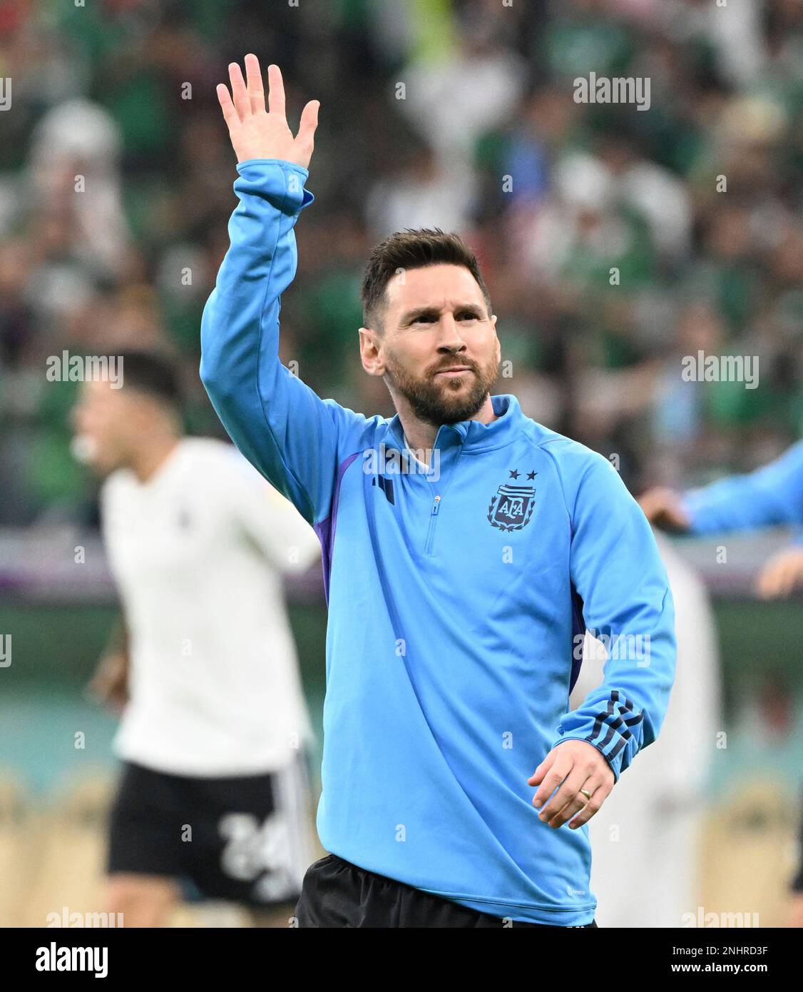 Lionel MESSI of Argentina waves his hand ahead of the FIFA World Cup ...