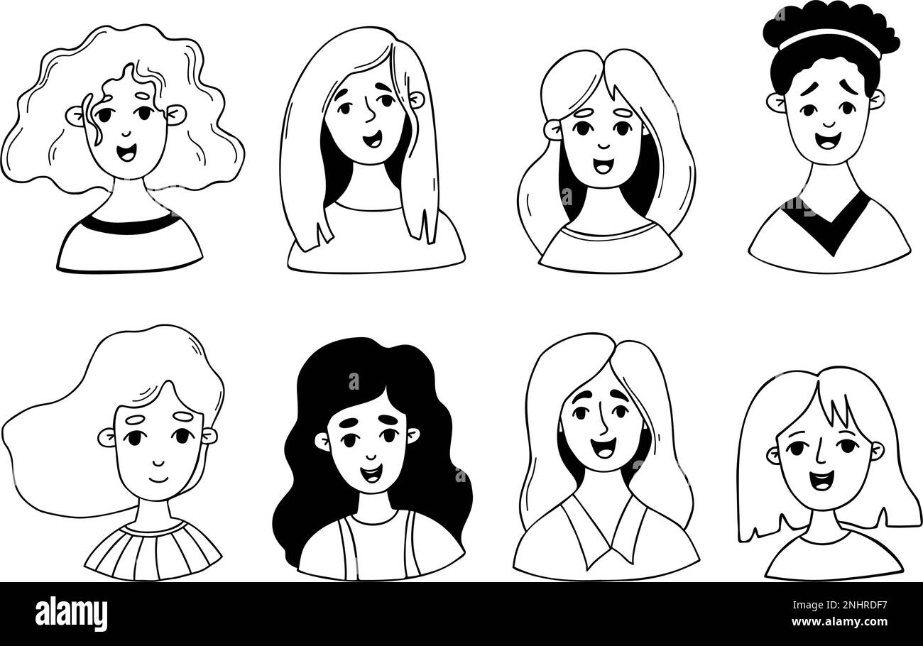 Collection cute female cartoon faces. Isolated vector doodle faces ...