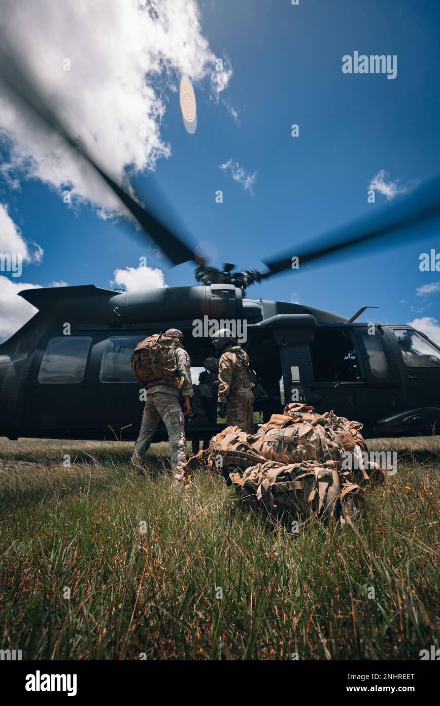 U.S. Soldiers attending the Small Unit Ranger Tactics course board a UH ...