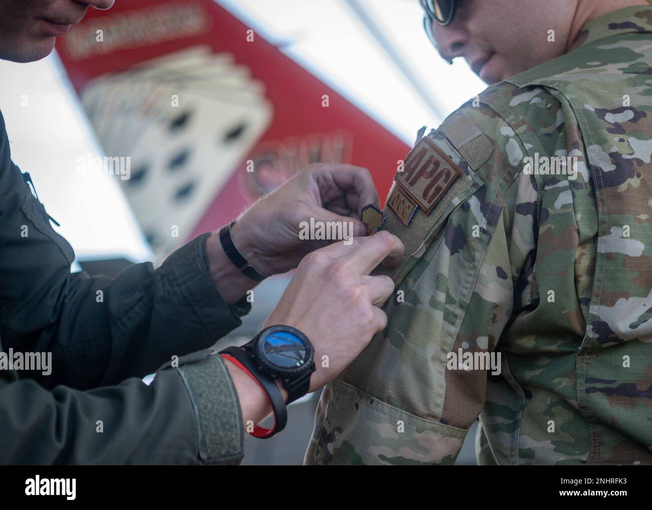 A U.S. Air Force pilot assigned to the 77th Fighter Squadron provides a ...