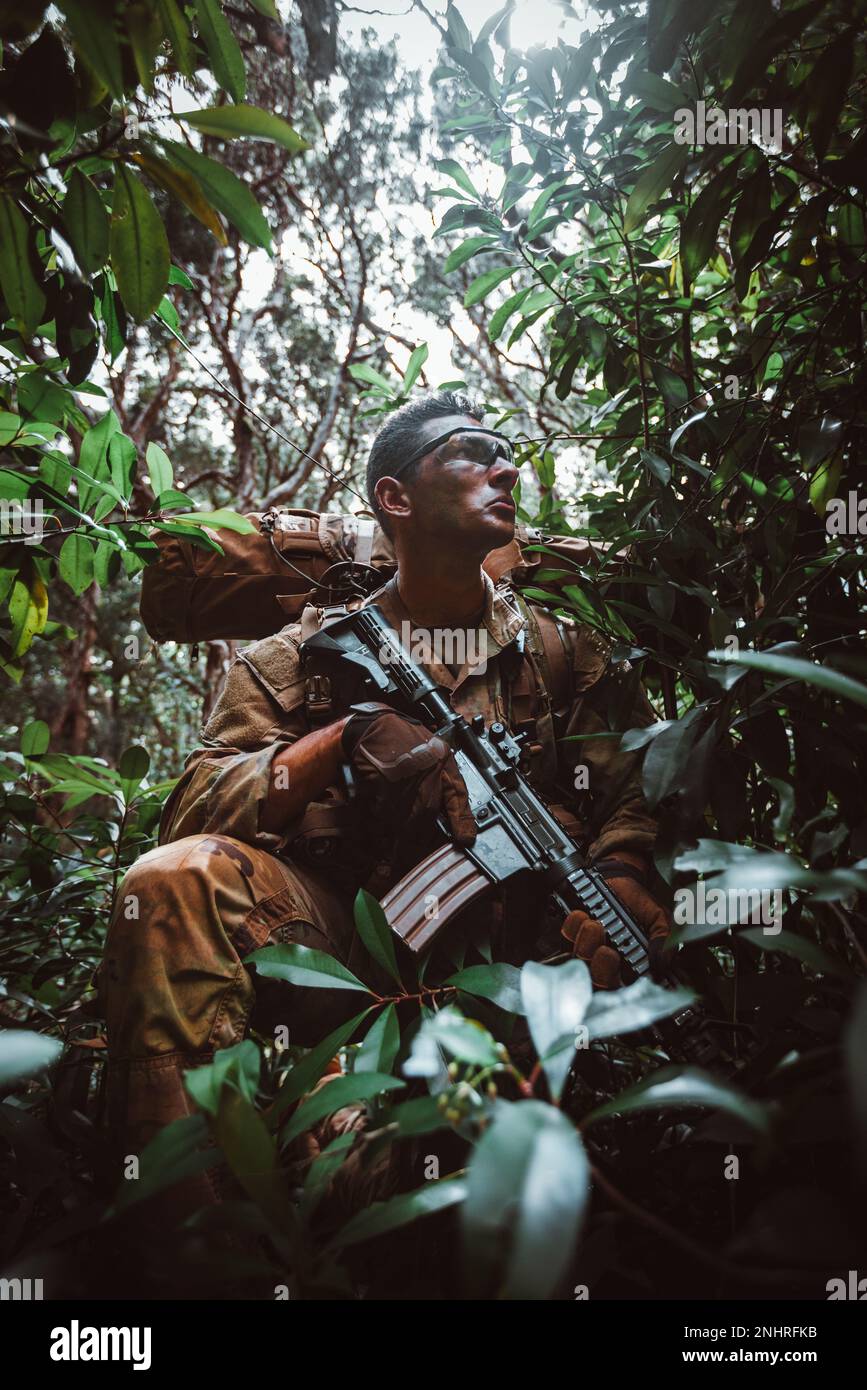 U.S. Soldier attending the Small Unit Ranger Tactics course surveys the ...