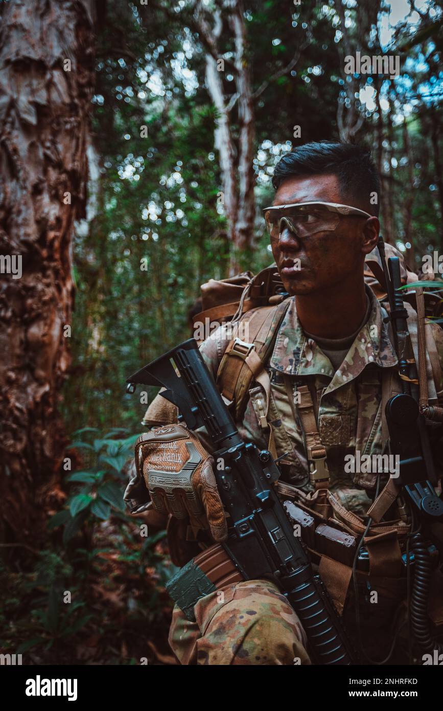 U.S. Soldier attending the Small Unit Ranger Tactics course surveys the ...