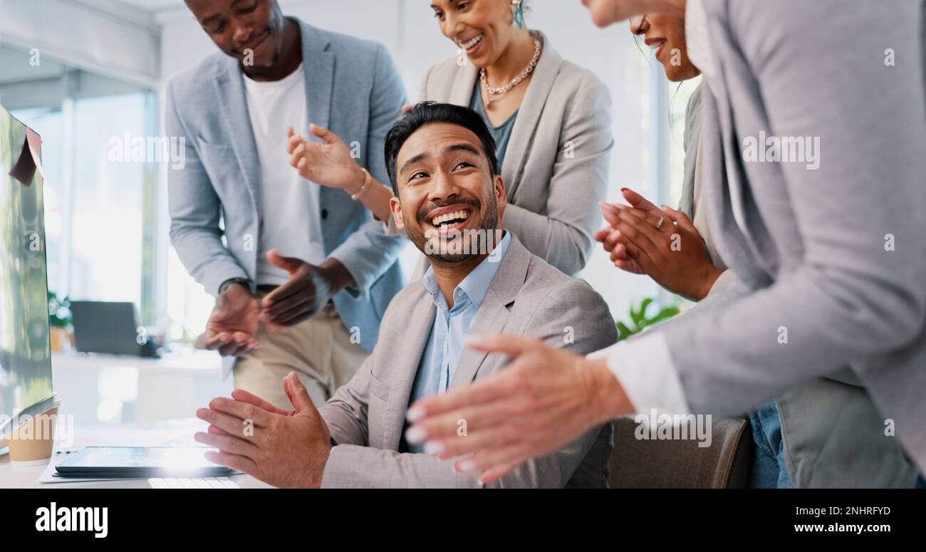 Businessman, team support and thank you with applause for success ...