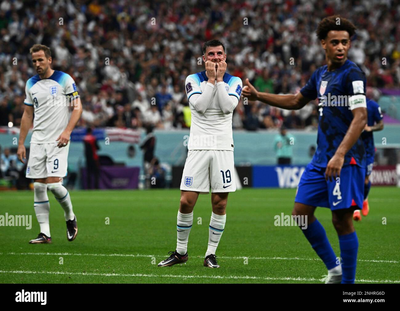 England's Mason MOUNT reacts after falling his shoot during the FIFA ...