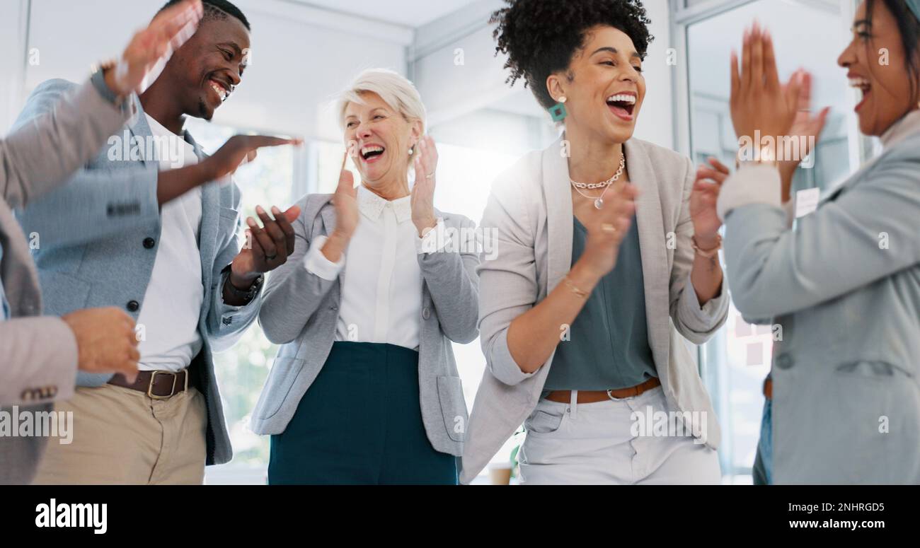 High five, team and support with business people and success, celebrate winning and solidarity ...