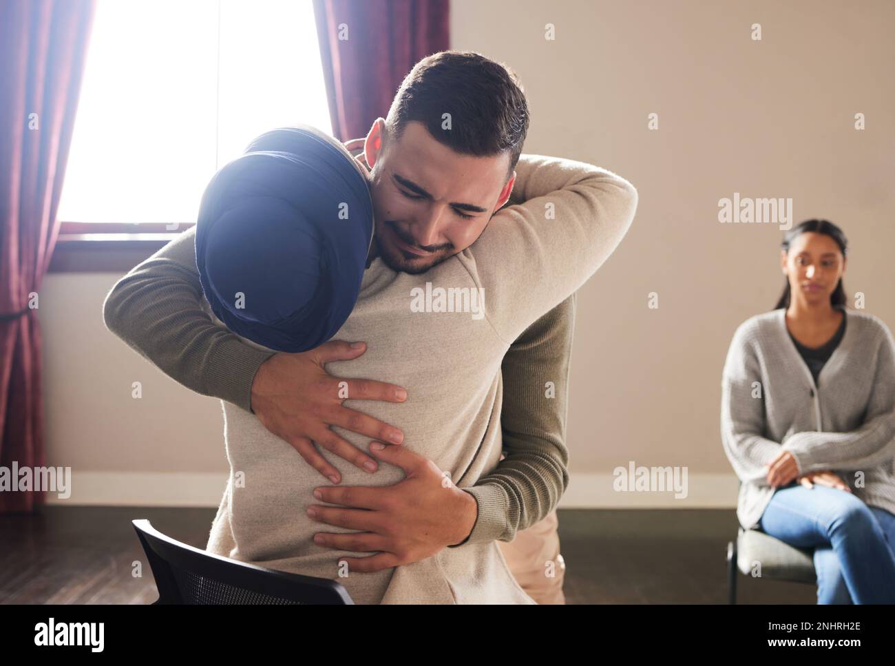 Support by woman hug a crying man for comfort, grief and care after bad ...