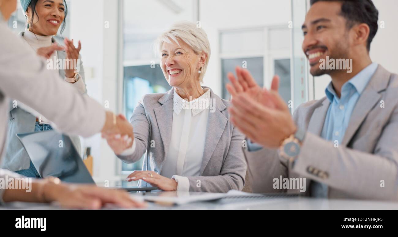 Handshake, partnership and business people clapping hands in ...
