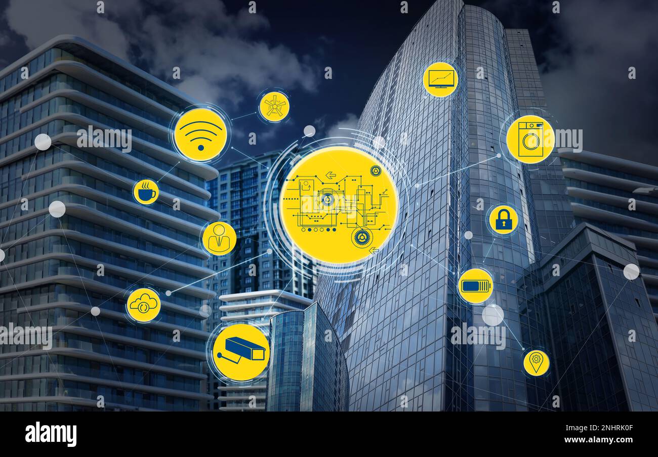 Different virtual icons and modern buildings on background. Smart city ...