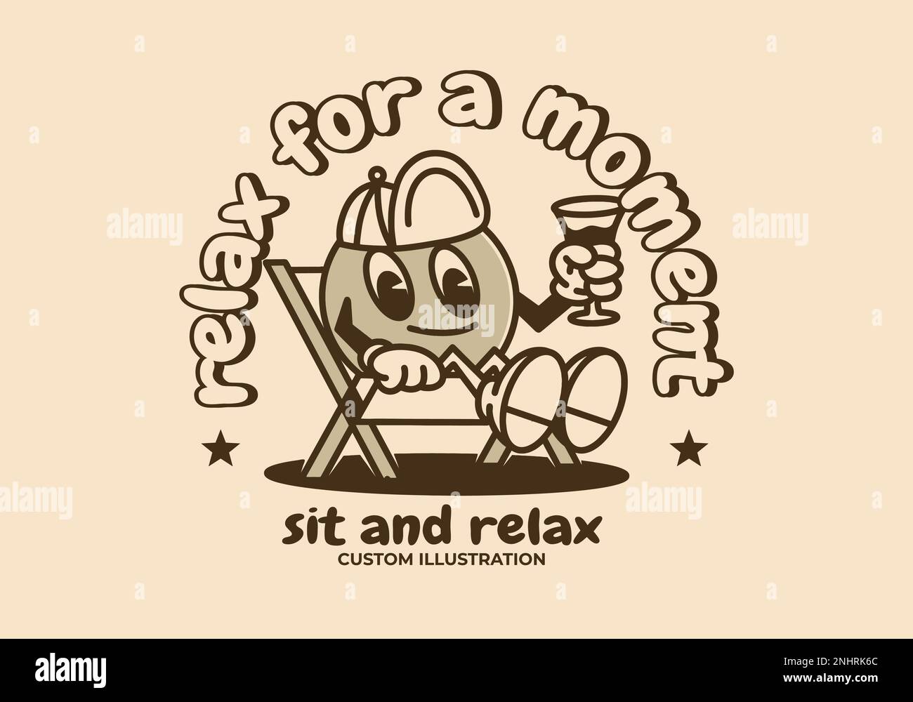 Ball head mascot character relax on the chair and holding a drink Stock ...