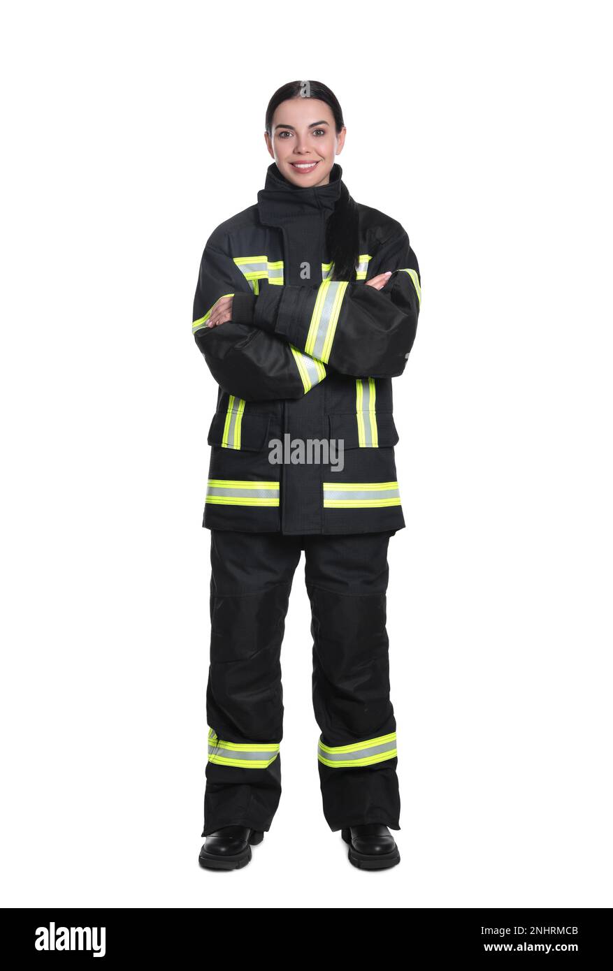 Full length portrait of firefighter in uniform on white background ...