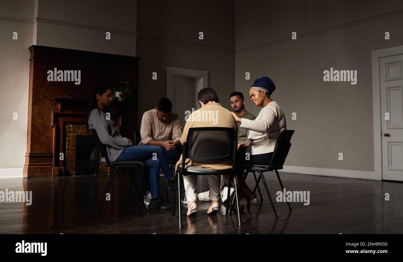 Support, group of people in therapy a community center and ...