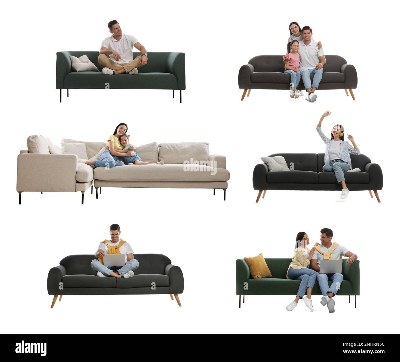 People resting on different stylish sofas against white background ...