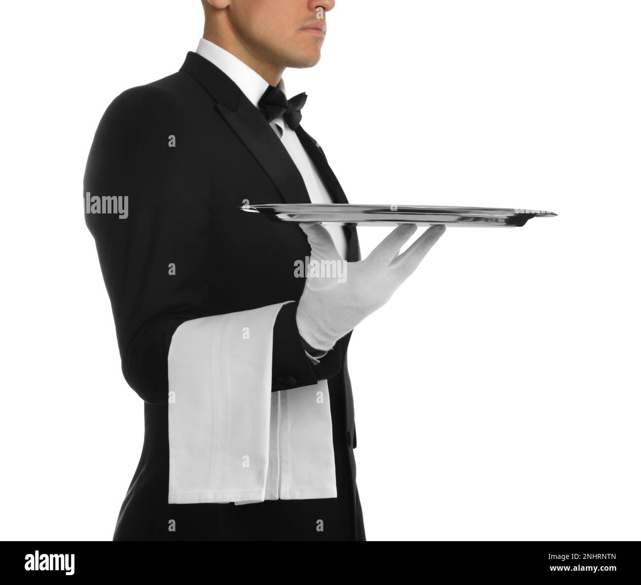 Elegant butler holding silver tray isolated on white, closeup Stock ...