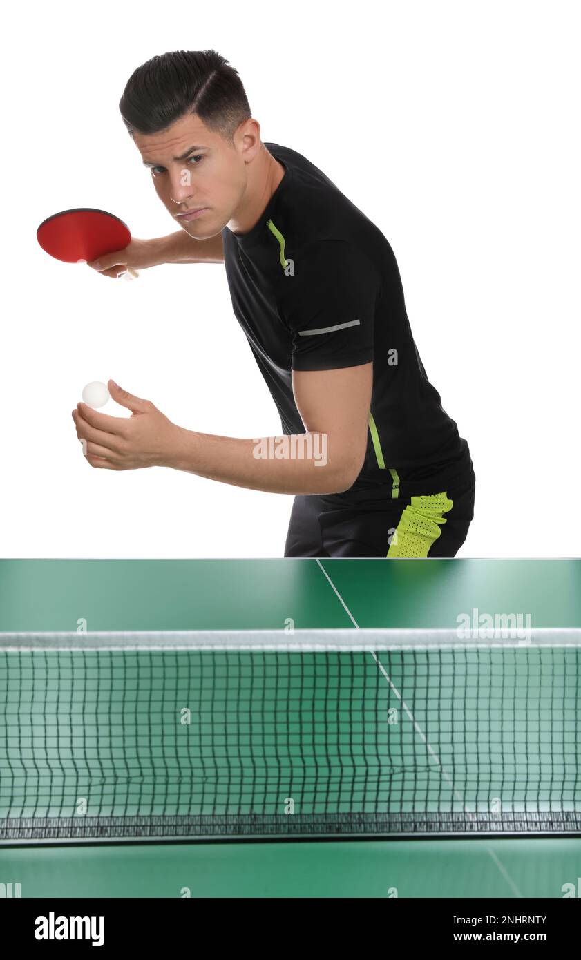 Handsome man playing ping pong on white background Stock Photo - Alamy