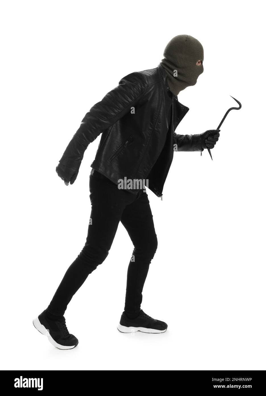 Man wearing knitted balaclava with crowbar on white background Stock ...