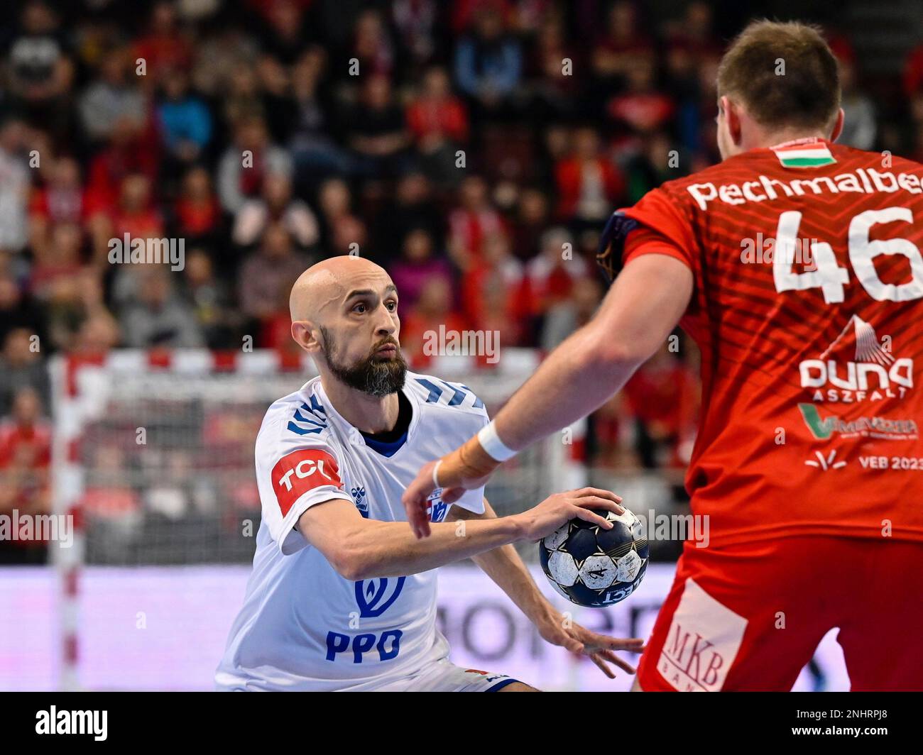 Dragan Pechmalbec, right, of Telekom Veszprem in action against Timur ...