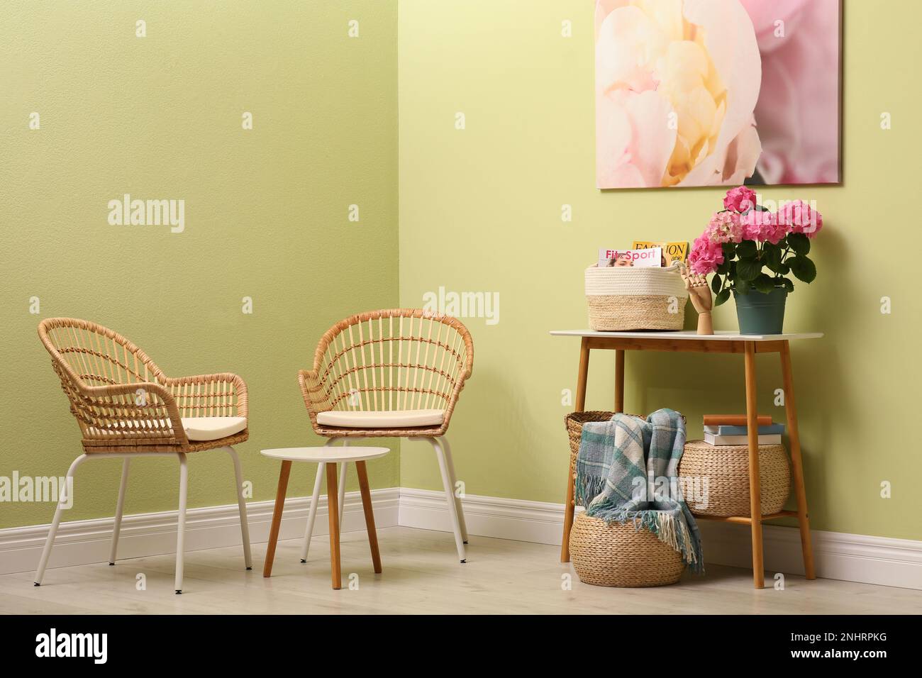Modern hallway interior with beautiful hortensia flower on console ...