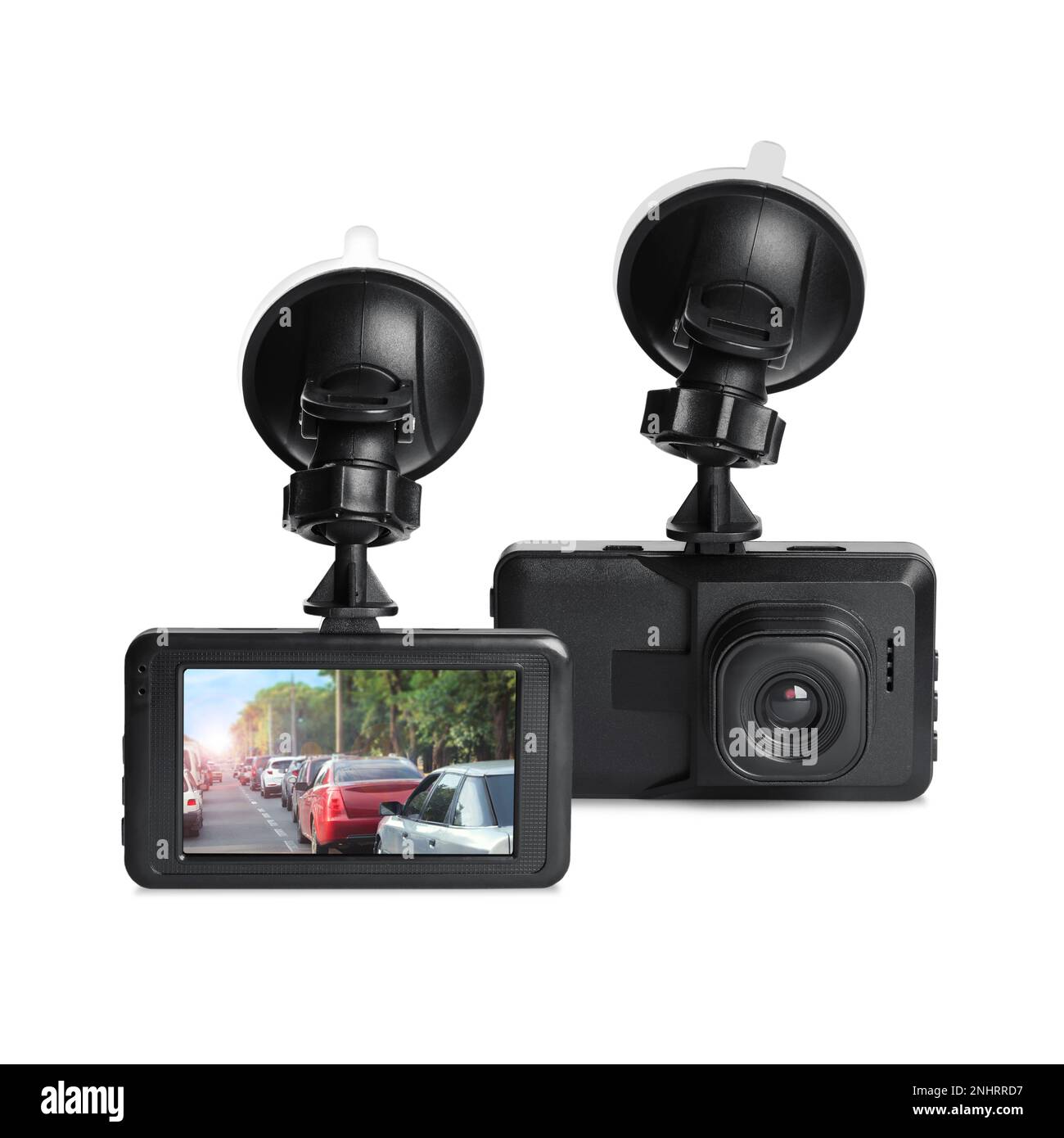 Modern car dashboard cameras on white background in collage, one with ...