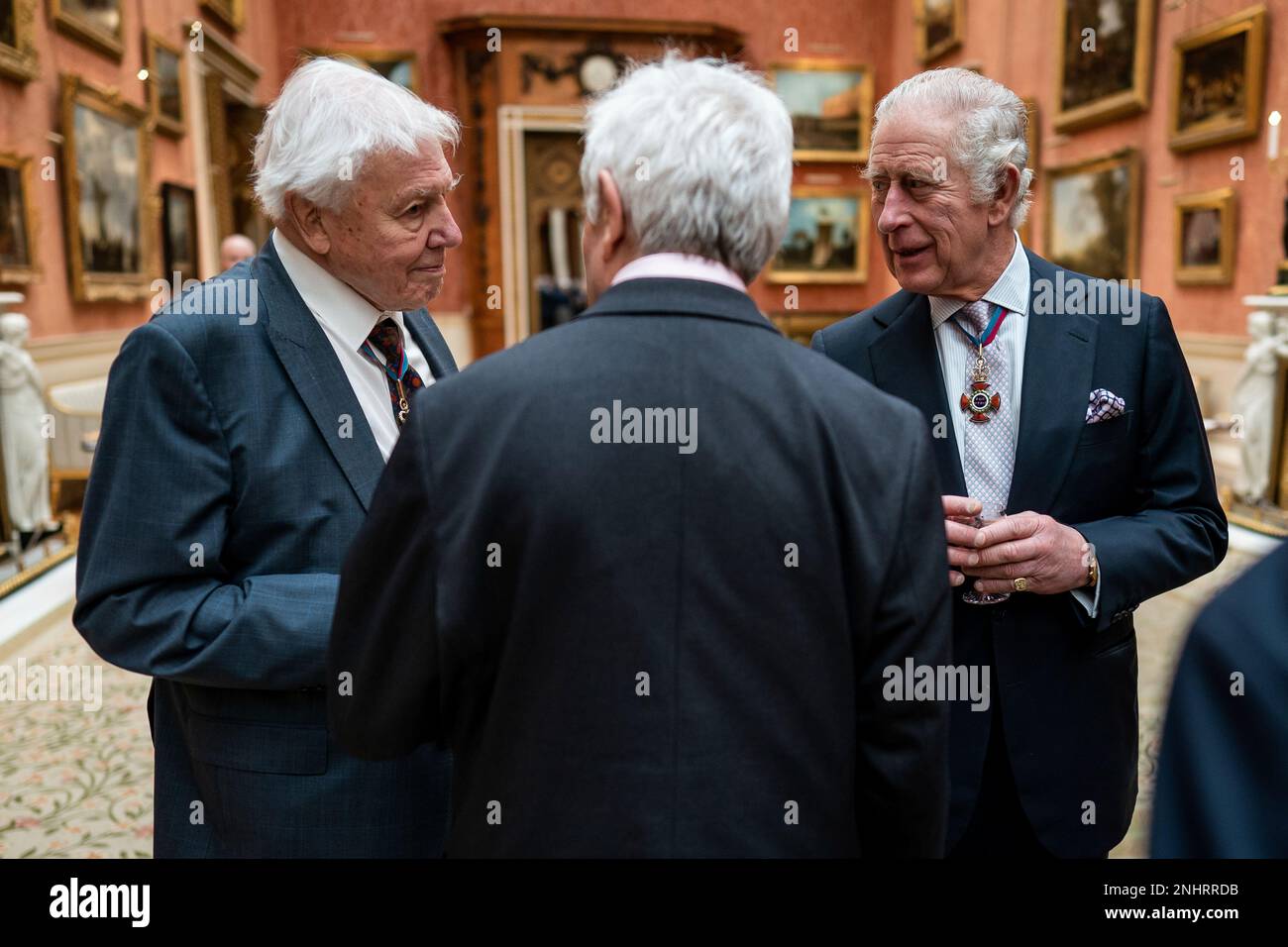Britain's King Charles III, right, talks with Sir David Attenborough ...