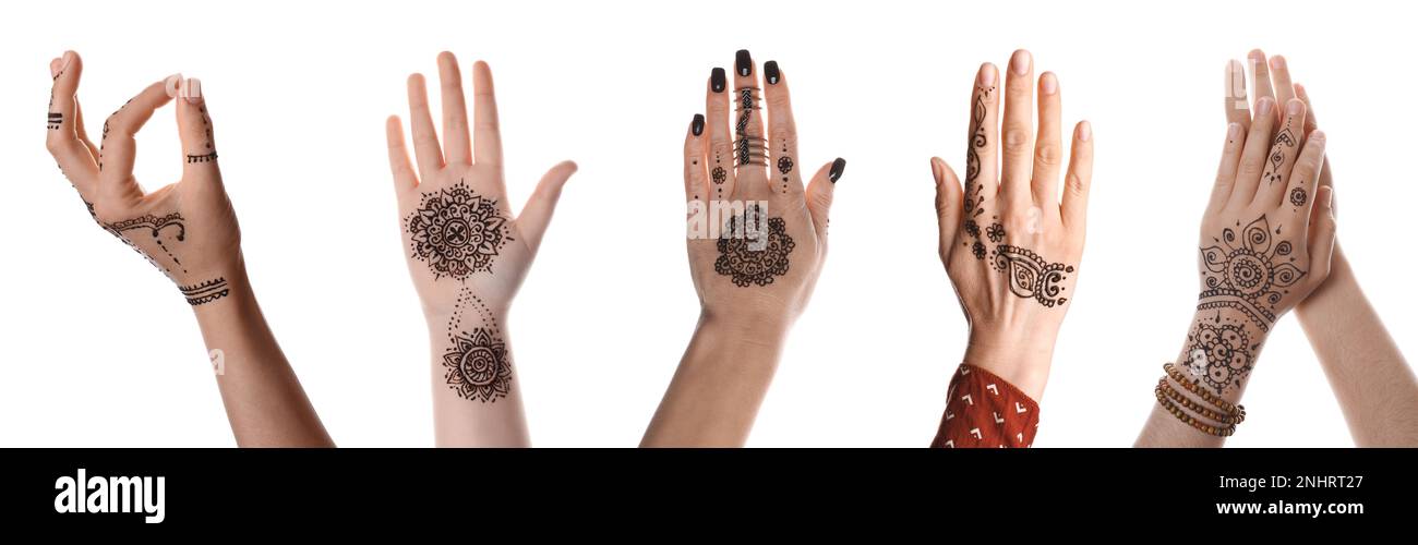 Closeup view of women with henna tattoo on hands against white ...
