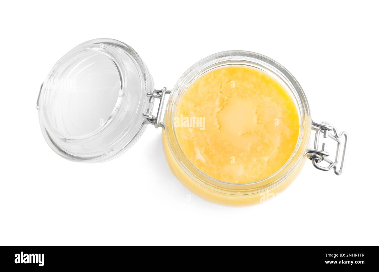 Glass jar of Ghee butter isolated on white, top view Stock Photo - Alamy