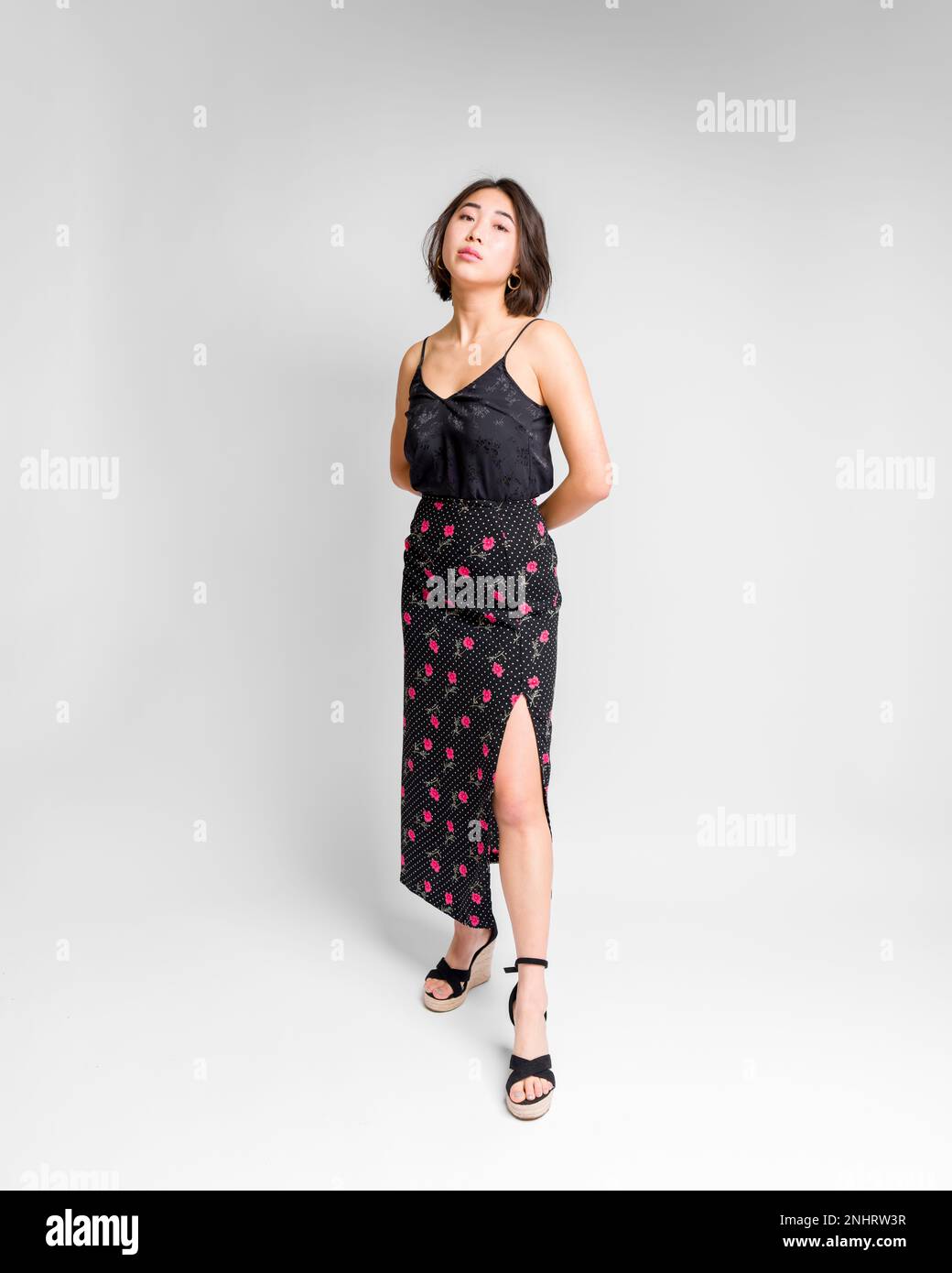 Full Body Beautiful Young Asian Woman in Long Floral Print Skirt and ...