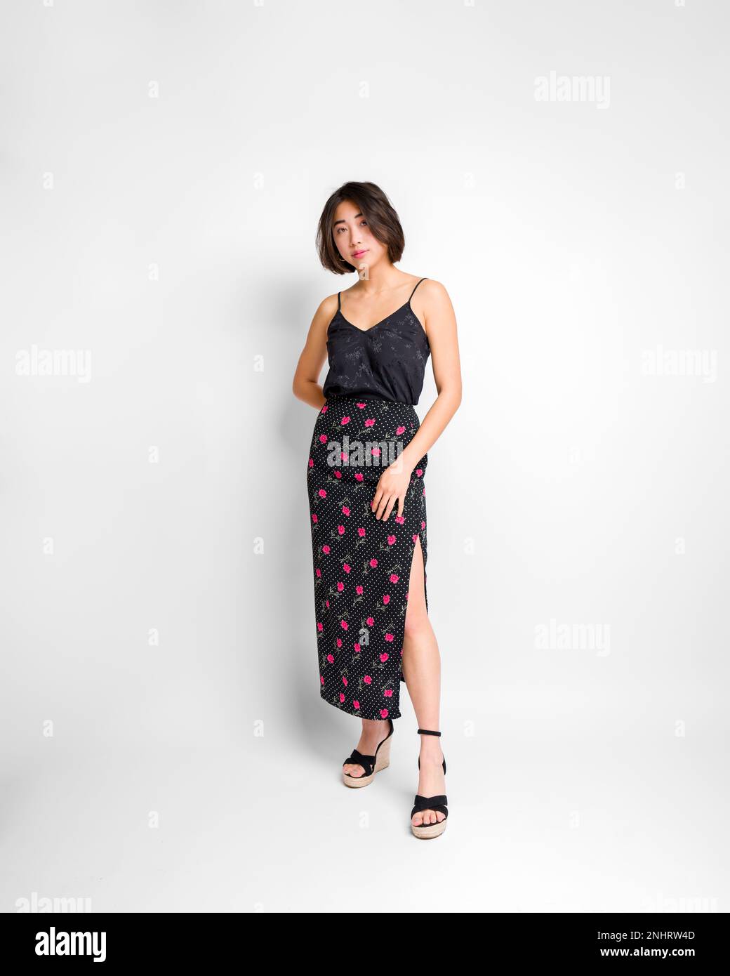 Full Body Beautiful Young Asian Woman in Long Floral Print Skirt and ...