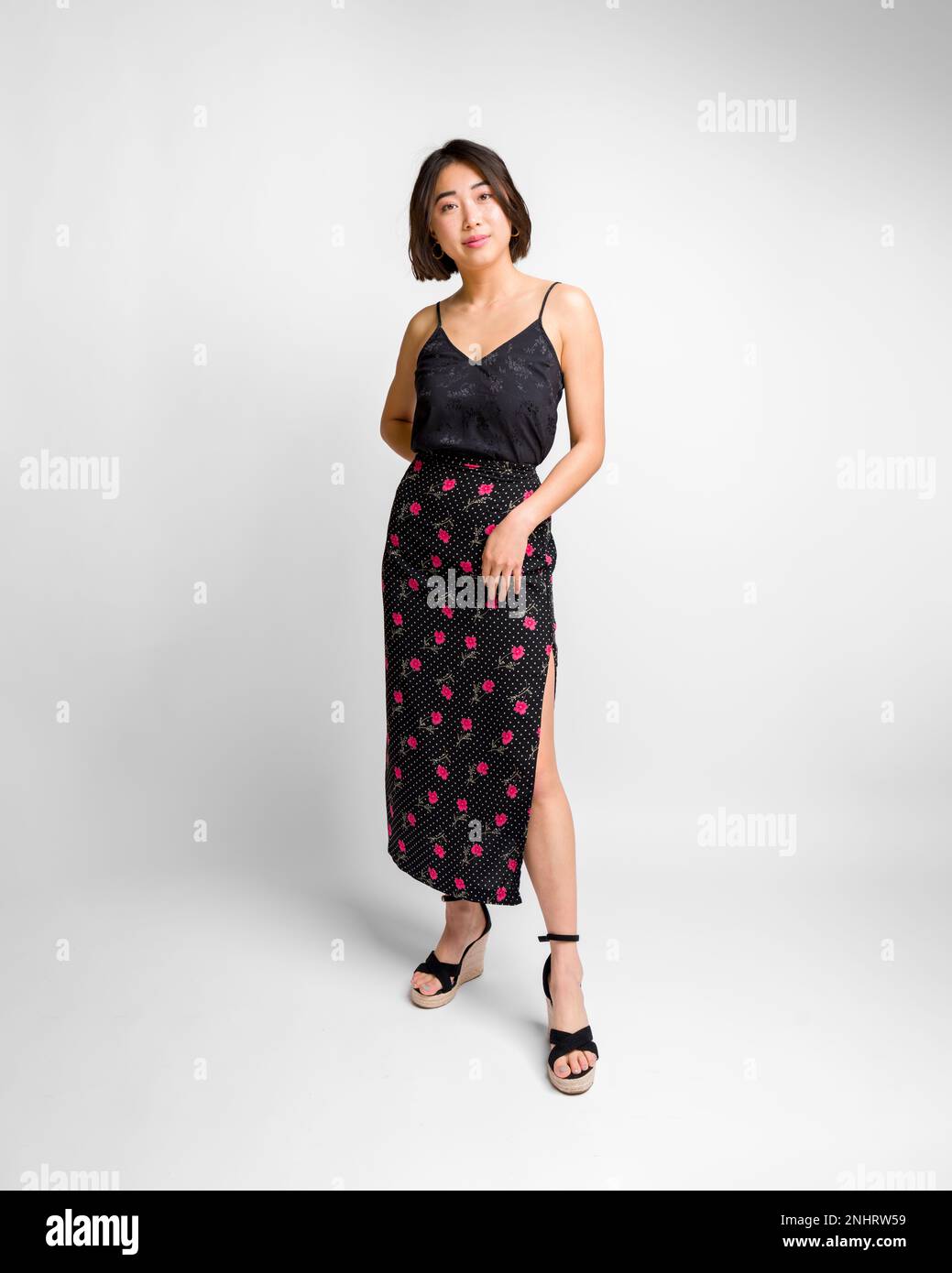 Full Body Beautiful Young Asian Woman in Long Floral Print Skirt and ...
