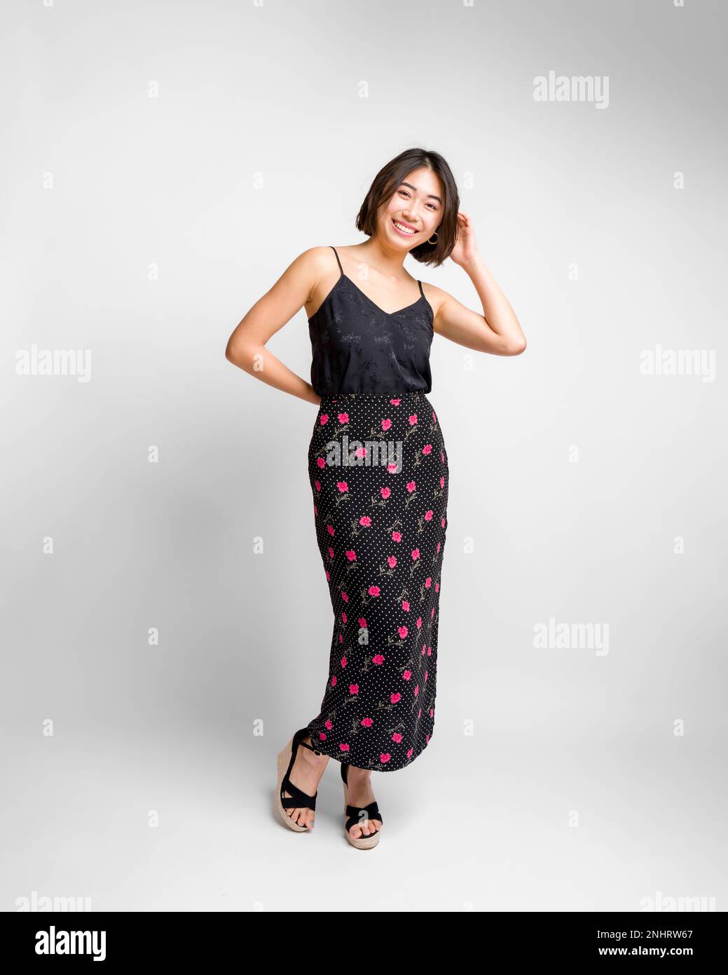 Full Body Beautiful Young Asian Woman in Long Floral Print Skirt and ...