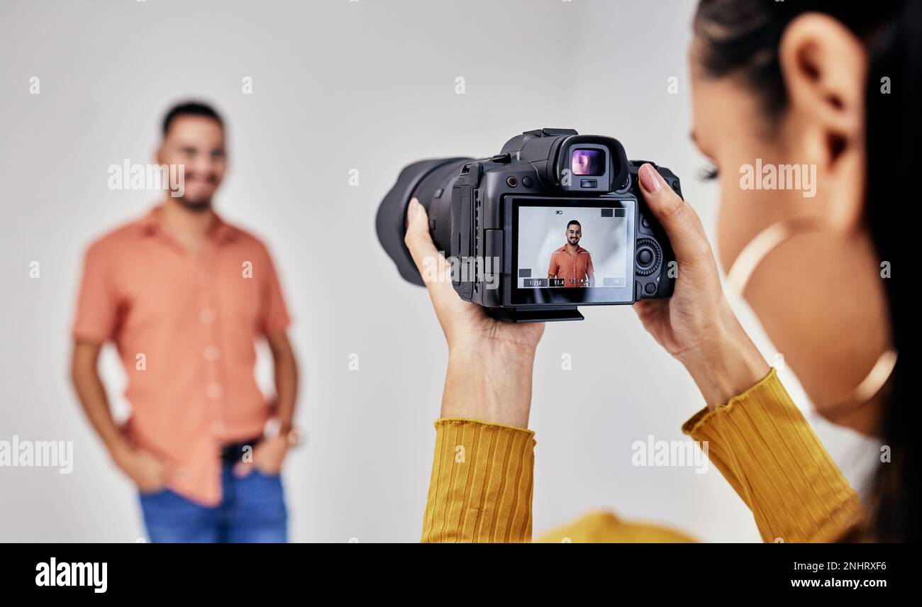 Woman, studio photography and camera with man, model and vision for ...