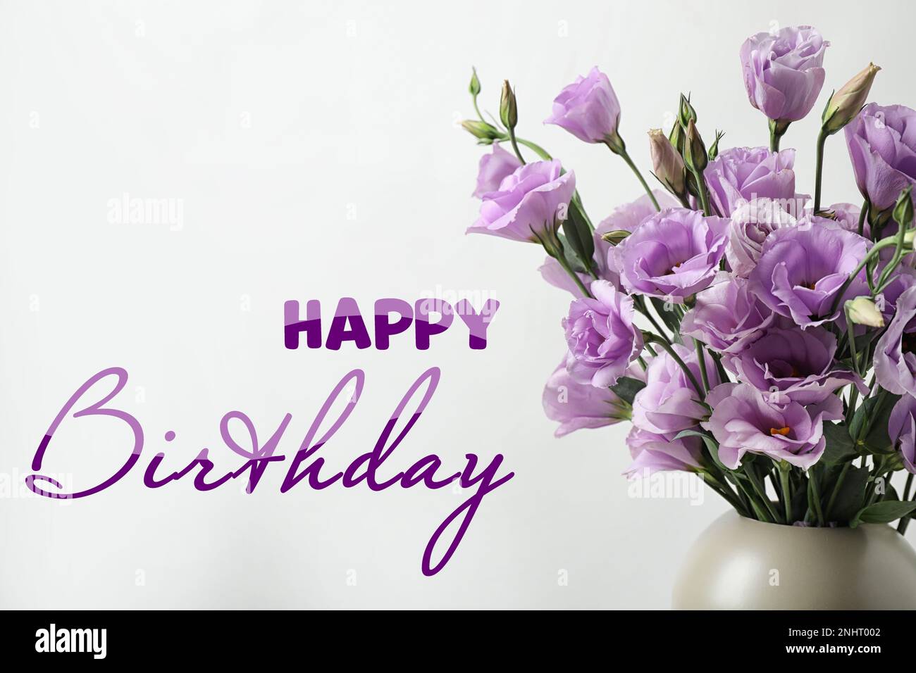 Happy Birthday! Eustoma flowers in vase on white background Stock Photo ...