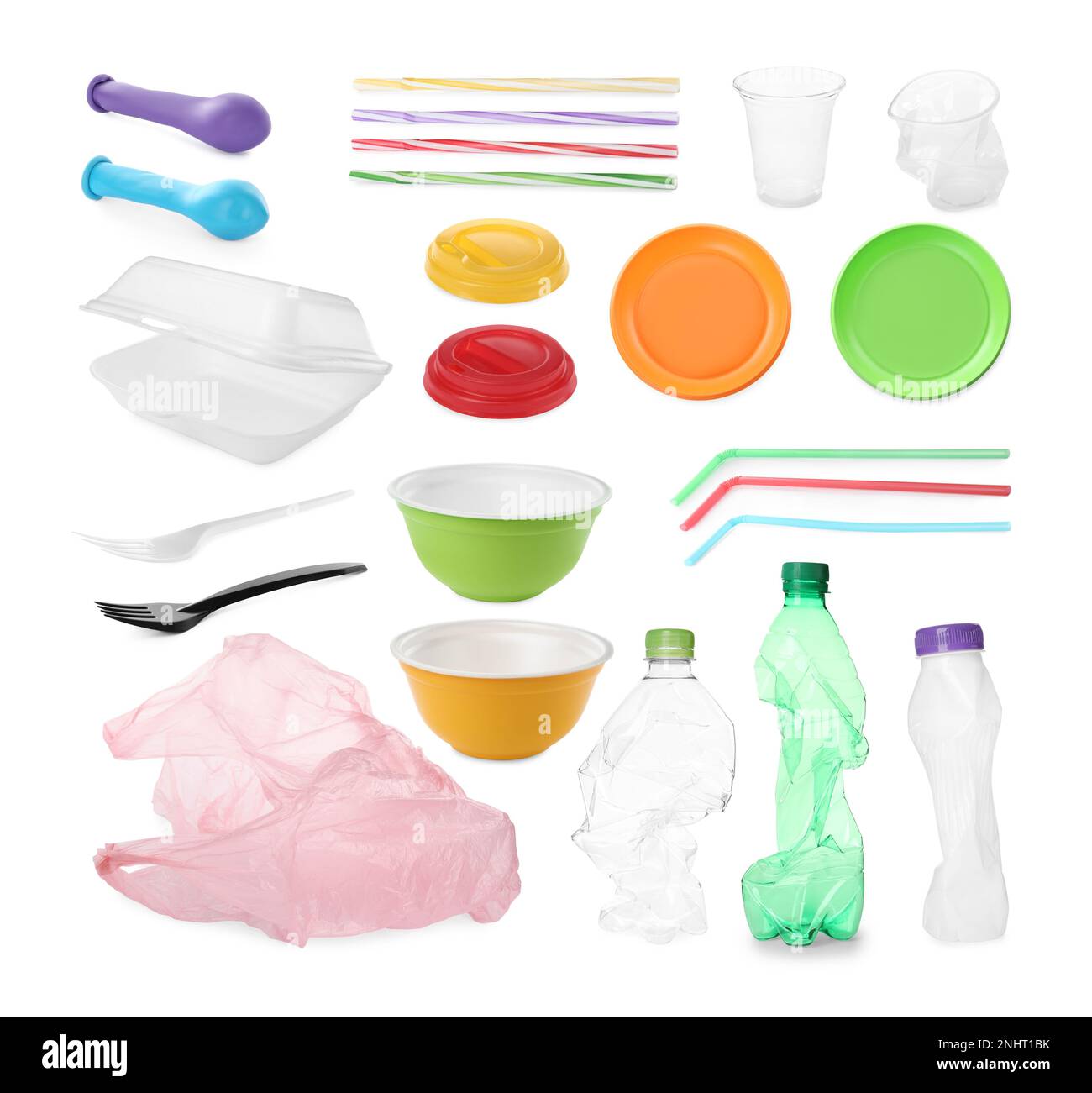 Set with different plastic items on white background Stock Photo - Alamy
