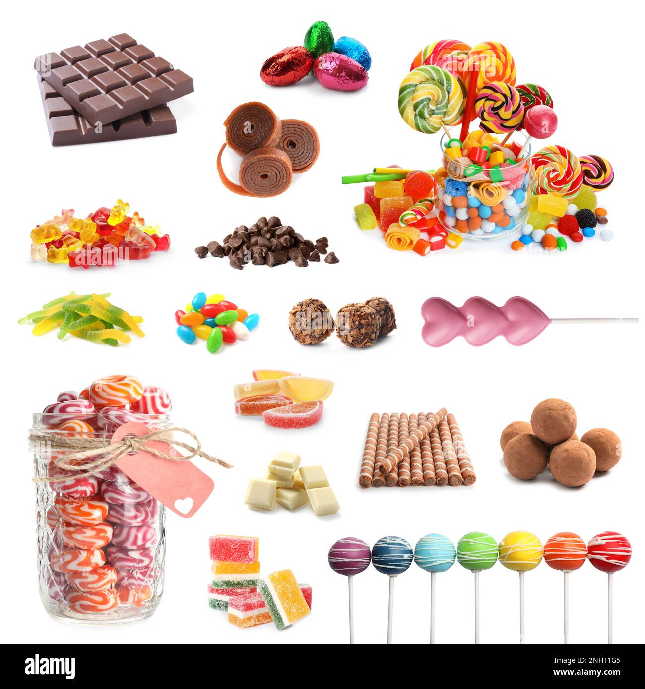 Collection of different delicious confectionery on white background ...