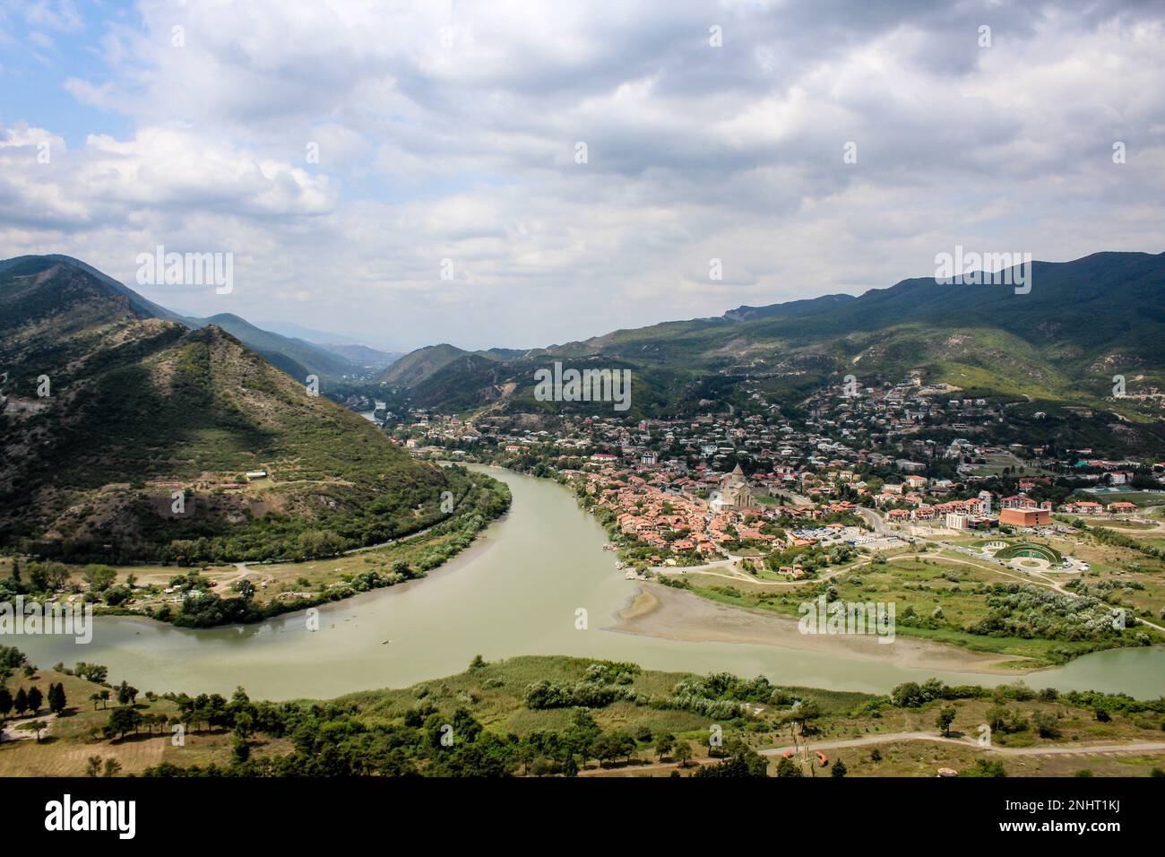 View of the confluence of two rivers into one and the ancient ...