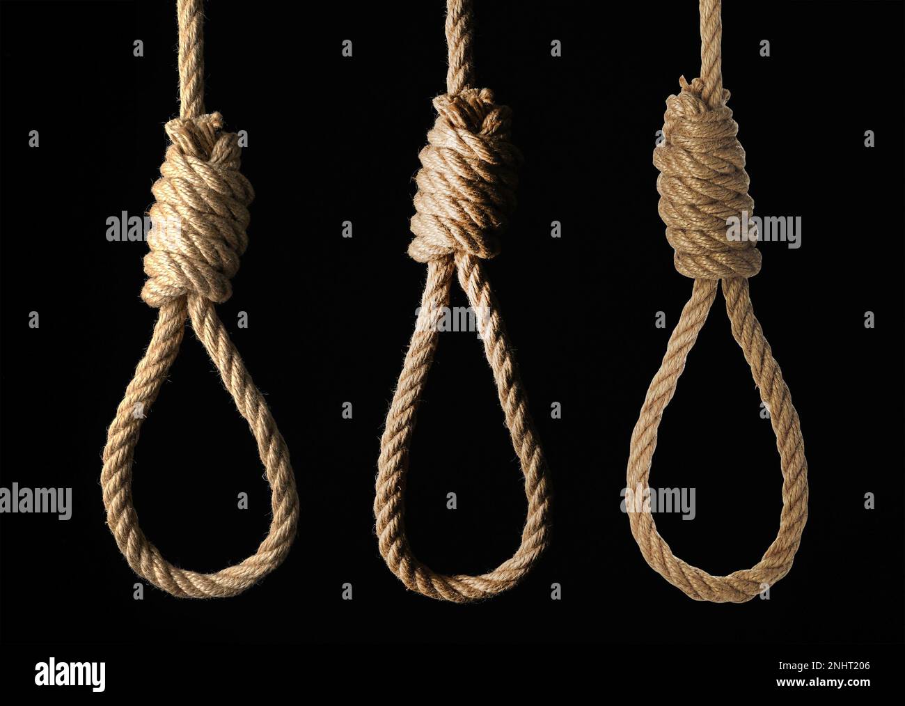 Rope nooses with knots on black background, collage Stock Photo - Alamy