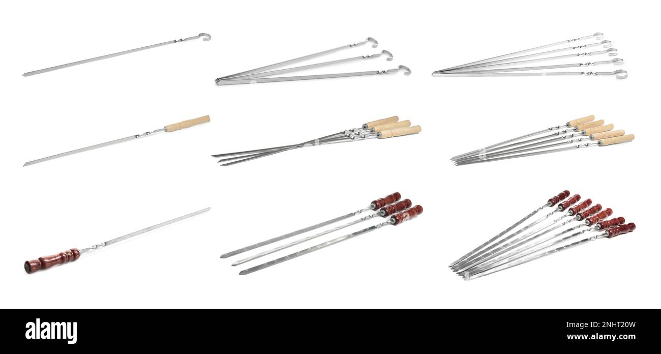 Set with metal skewers on white background. Banner design Stock Photo ...