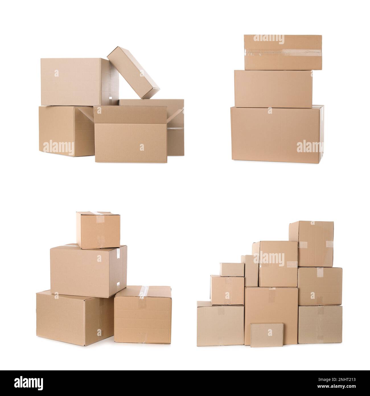 Set with different cardboard boxes on white background Stock Photo - Alamy