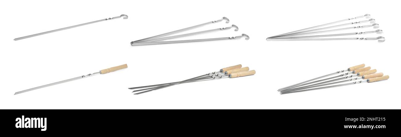 Set with metal skewers on white background. Banner design Stock Photo ...